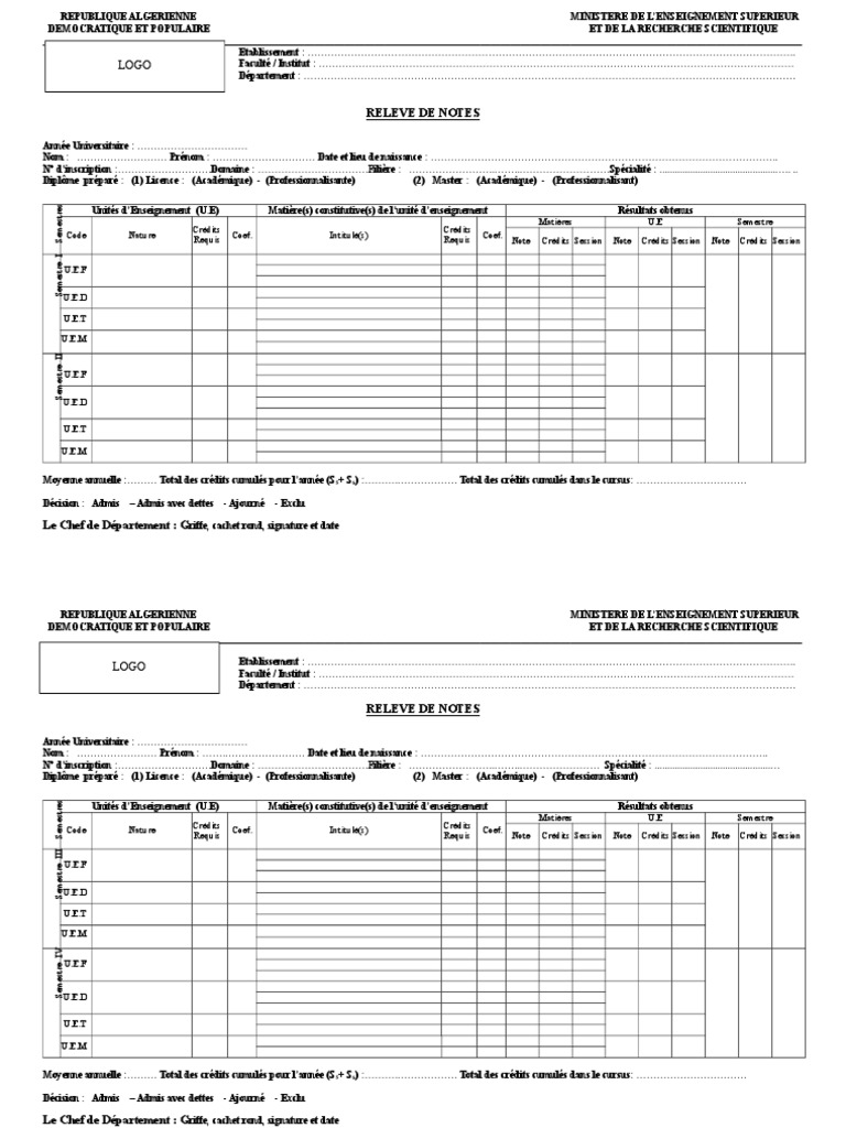 Modèle de Relevé de Notes Universitaire | PDF | Baccalauréat ...