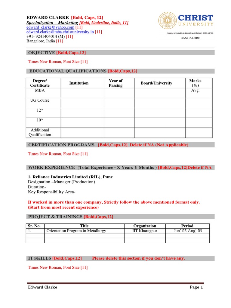 Resume Template (With Instructions) - 1 | Download Free PDF | Times New ...