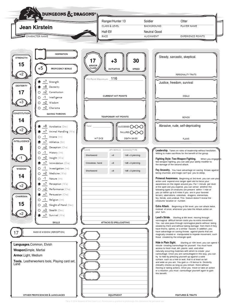 Jean Character Sheet | PDF | Role Playing Games | Leisure