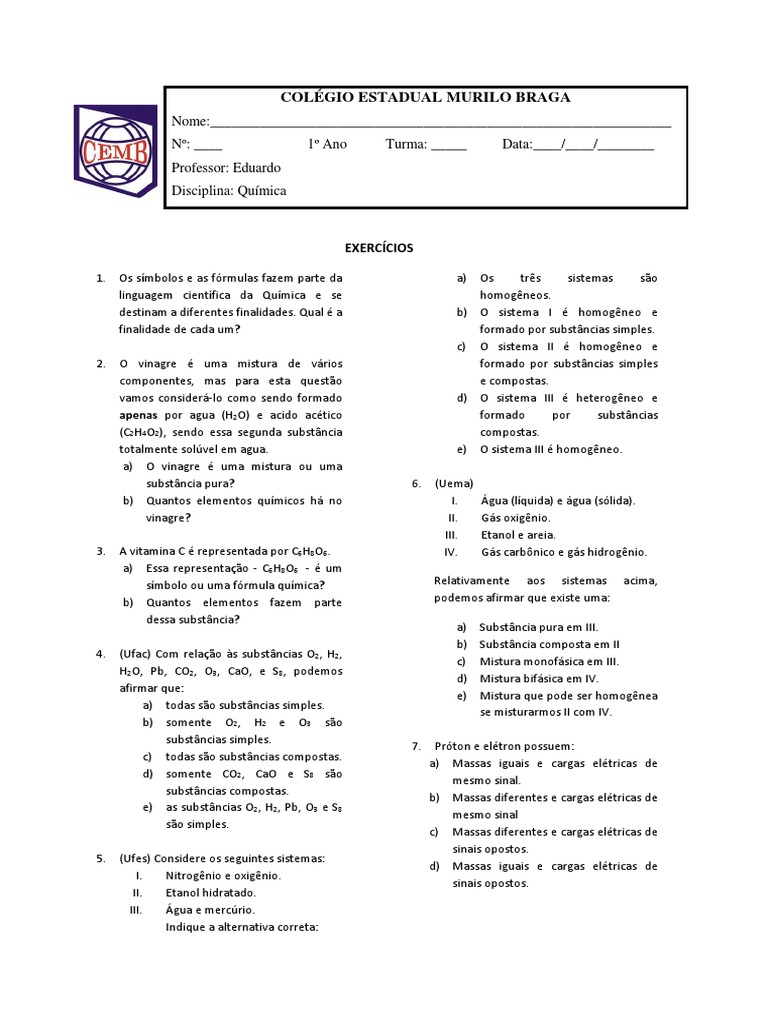 Exercícios Sobre Substâncias, Misturas e Modelos | Substancias Químicas | Átomos