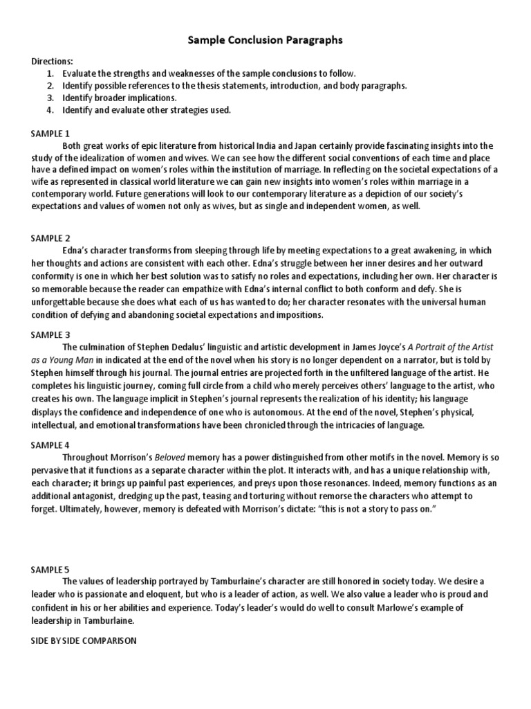 Sample Conclusion Paragraphs Handout | PDF | Novels | Leadership