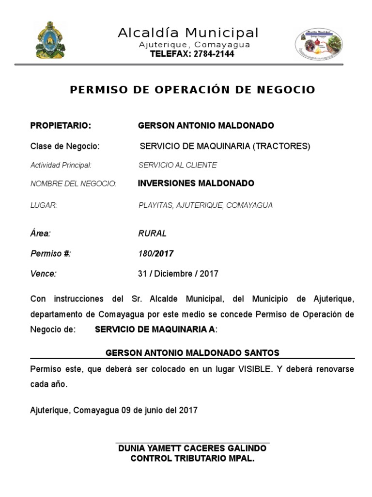 Permiso de Operacion de Negocio Actual-2017-Rosquillas | PDF | Negocios ...