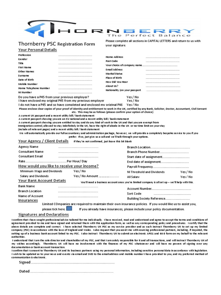 Thornberry PSC: Registration Form | Download Free PDF | Dividend | Passport