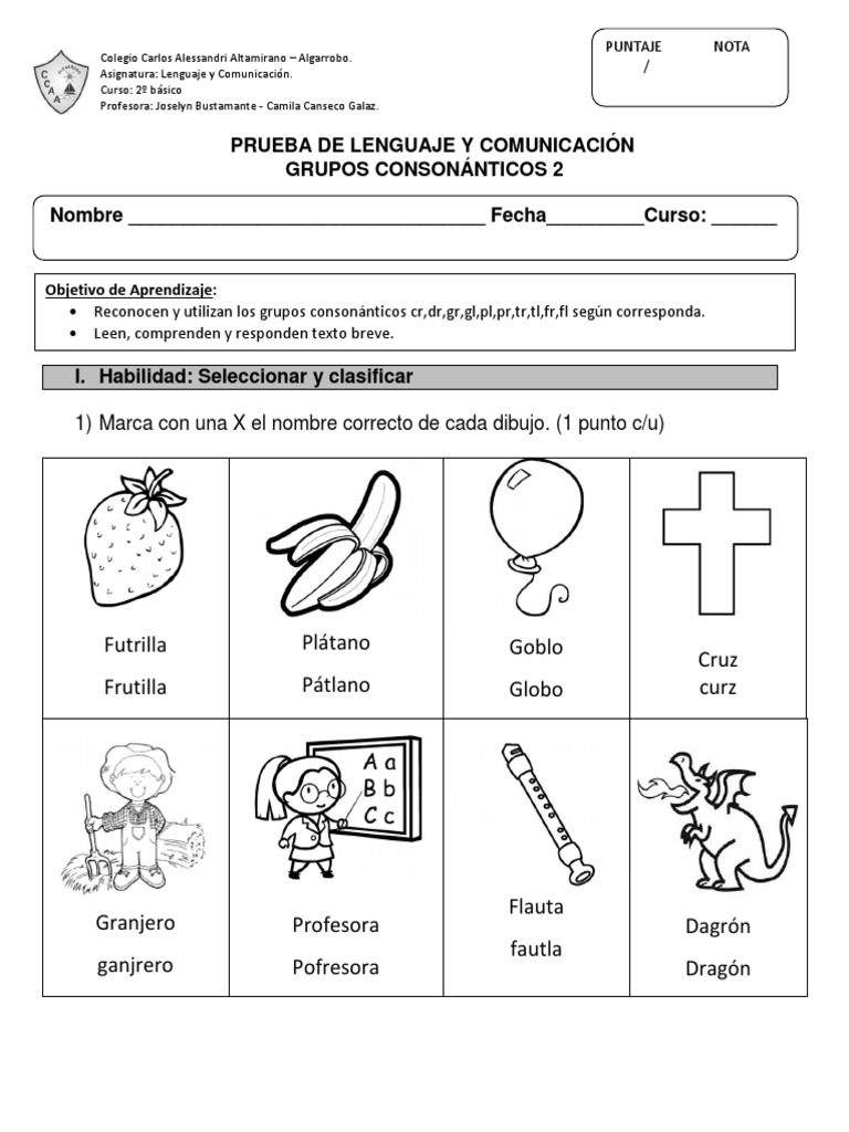 Prueba de Grupos Consonánticos 2º Básico | PDF | Sicología | Educación ...