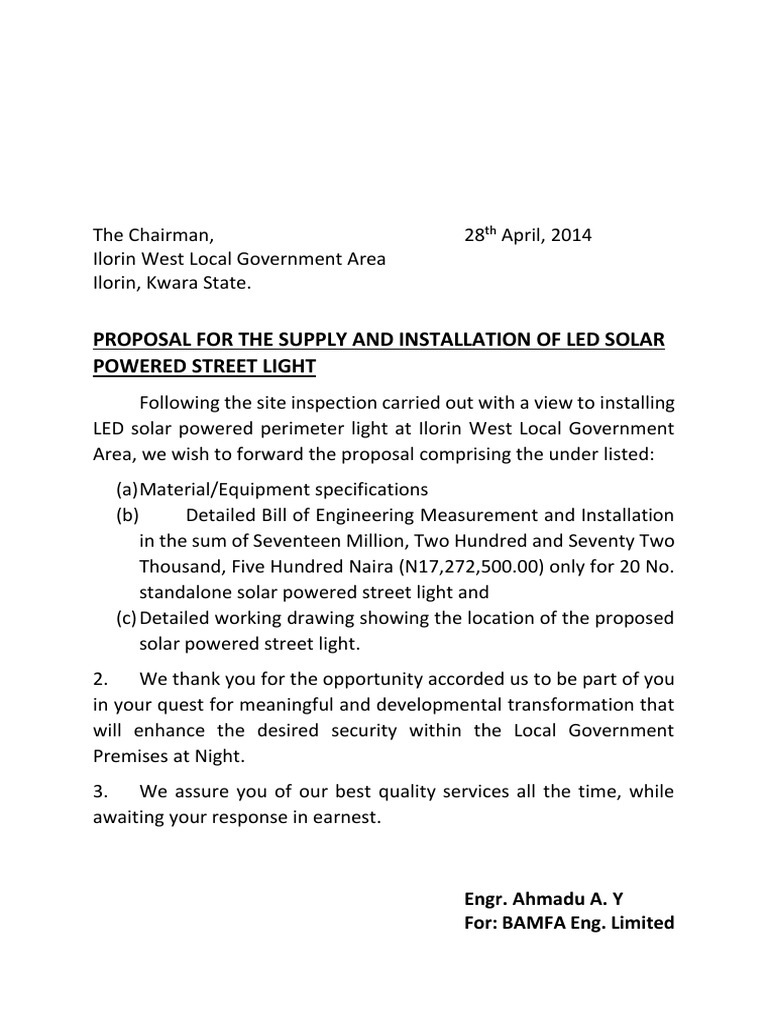 Proposal for Solar Street Lights Installation | PDF | Technology ...