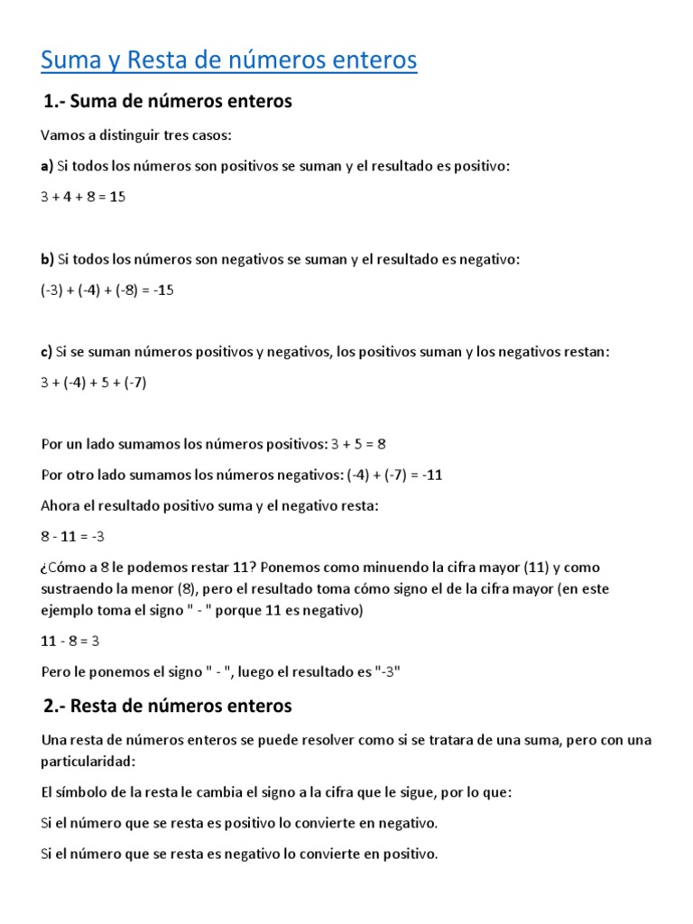Recordatorio Suma y Resta de Números Enteros | PDF | Sustracción | Entero