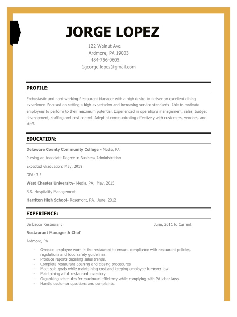Jorge Lopez Resume 1 PDF | PDF | Restaurants | Employment
