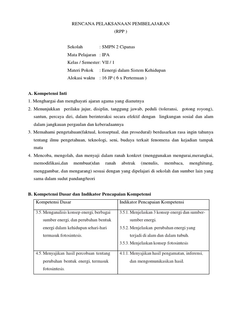 RPP Energi Dalam Sistem Kehidupan | PDF