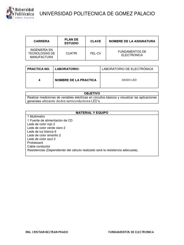 Practica 4 Diodo Led | PDF | Diodo emisor de luz | Diodo