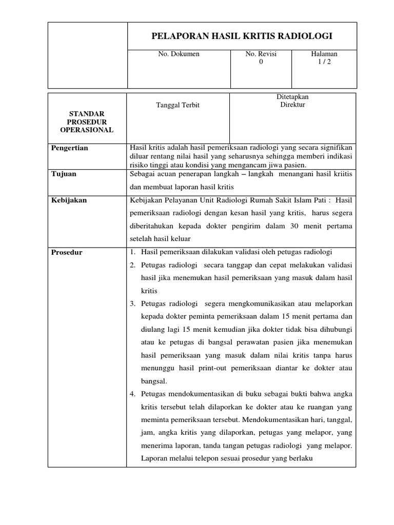 Spo Pelaporan Hasil Kritis Radiologi | PDF | Sains & Matematika