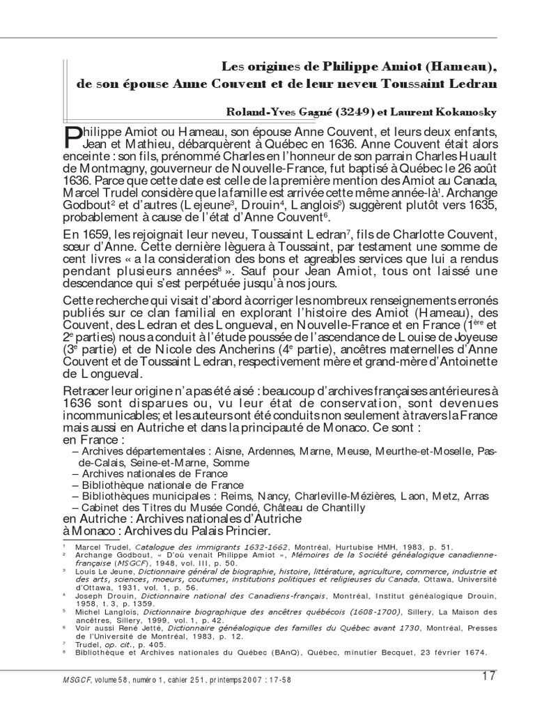 Les Origines de Philippe Amiot (Hameau), de Son Épouse Anne Couvent Et ...
