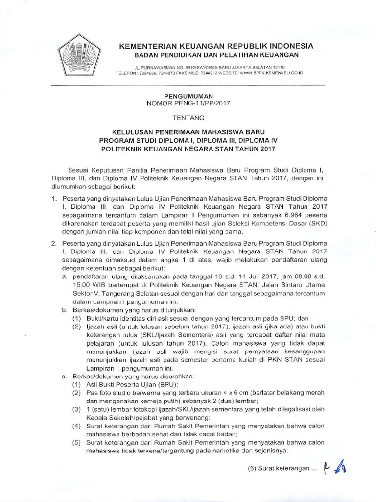 Pengumuman Kelulusan PMB PKN STAN Prodi Diploma I, III, IV PKN STAN 2017 | PDF | Pengelolaan ...
