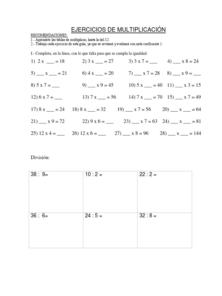 Ejercicios de Multiplicación y División | PDF | Métodos y materiales de ...