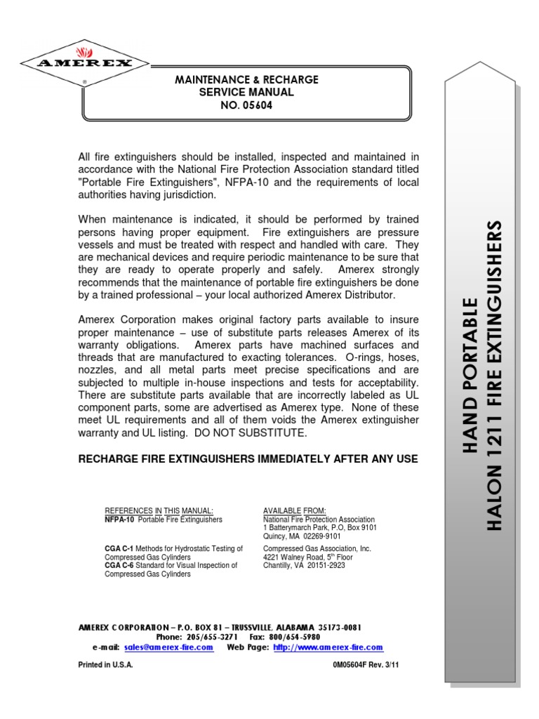 AMEREX 05604 Manual For Hand Portable Halon 1211 Extinguishers | PDF ...