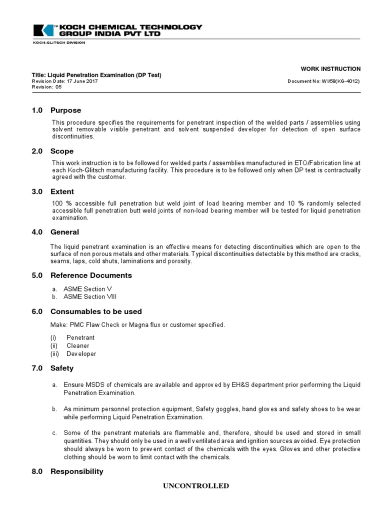 DP Test Procedure for Liquid Penetration | PDF | Welding | Construction
