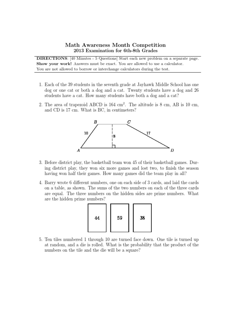 Math Awareness Month Competition | PDF | Prime Number | Perpendicular