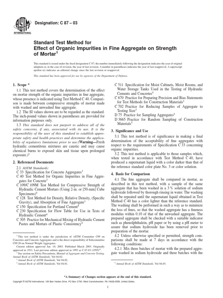 ASTM C87-03 Effect of Organic Impurities in Fine Aggregate on Strength ...