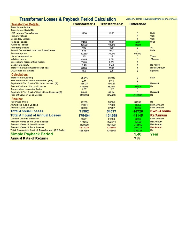 Transformer Losses & Payback Period Calculation | PDF | Present Value | Kilowatt Hour