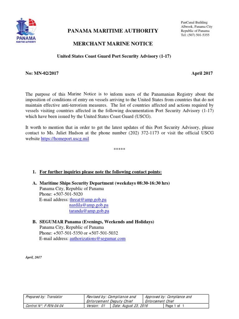 Marine Notice - Port Security Advisory-April 2017 | National Security ...