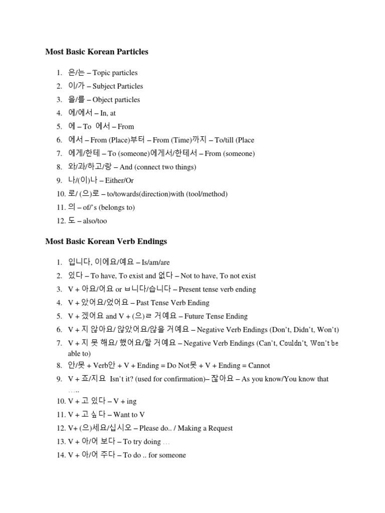 Most Basic Korean Particles | PDF | Grammatical Tense | Verb