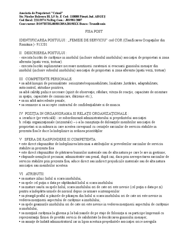Fisa Post Femeie Serviciu | PDF
