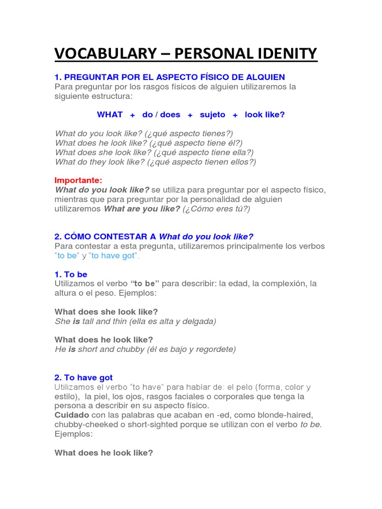 Vocabulario sobre Identidad Personal | PDF | Pelo | Apariencia humana
