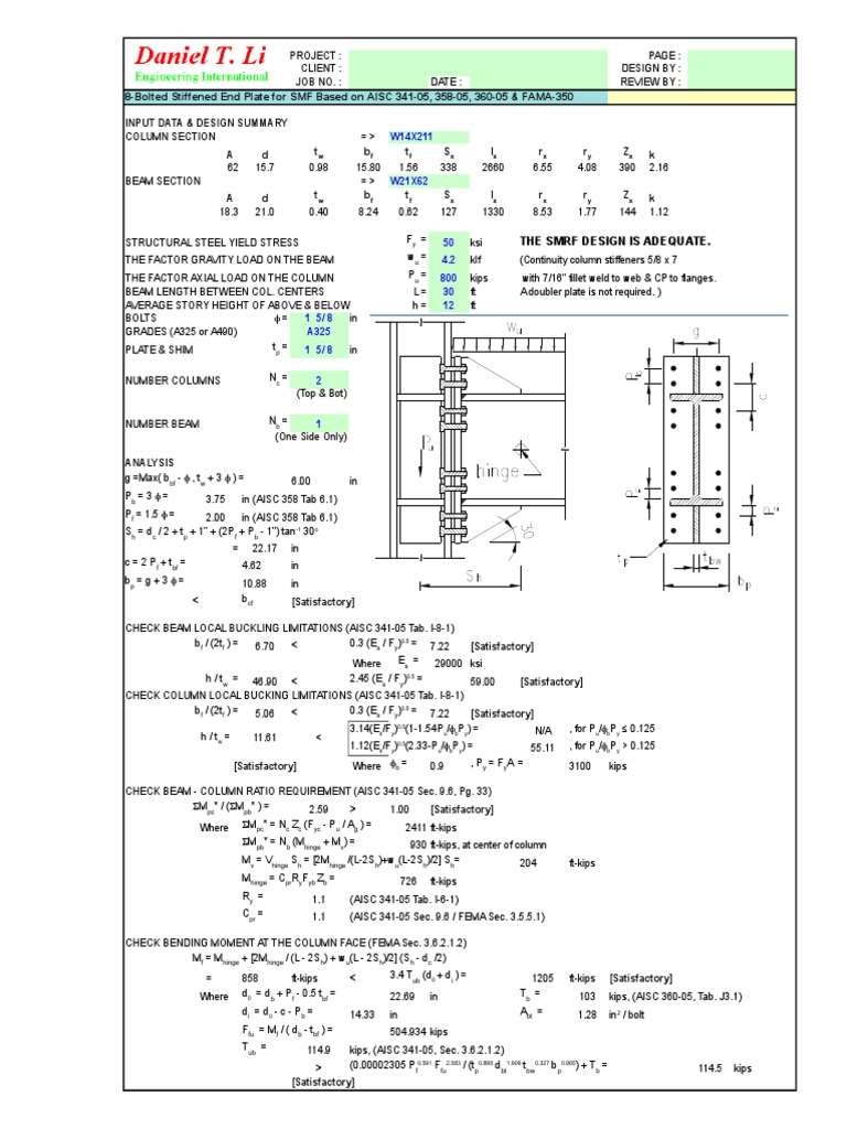 Design Of An 8 Bolted Stiffened End Plate Connection For A SMF Based On