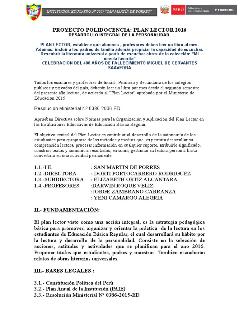 Plan Lector 2016 | PDF | Lectura (proceso) | Sílaba