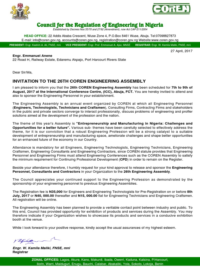 COREN Assembly Invitation Letter | PDF | Engineering | Business