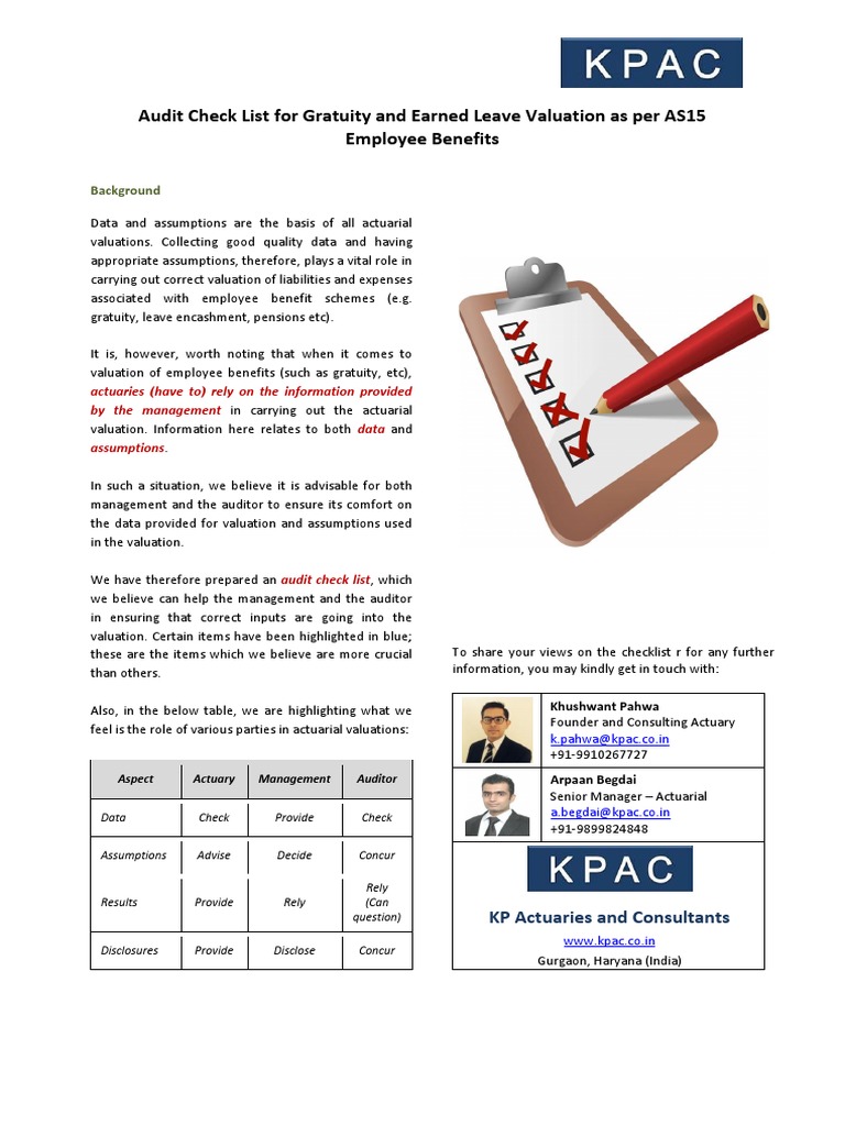 Gratuity and Leave Valuation Audit Checklist | PDF | Salary | Actuarial ...