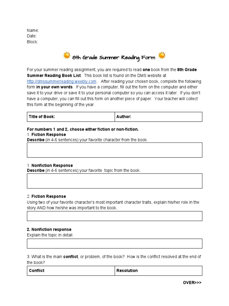 Summerreadingform Grade8 | PDF