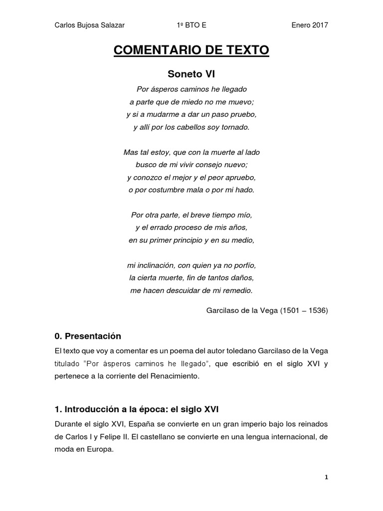 Comentario de Texto Soneto Vi Garcilaso | PDF | Metro (poesía) | Poesía