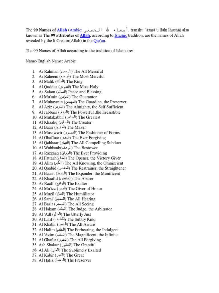 The 99 Names of Allah | Download Free PDF | Islamic Theology | Prayer