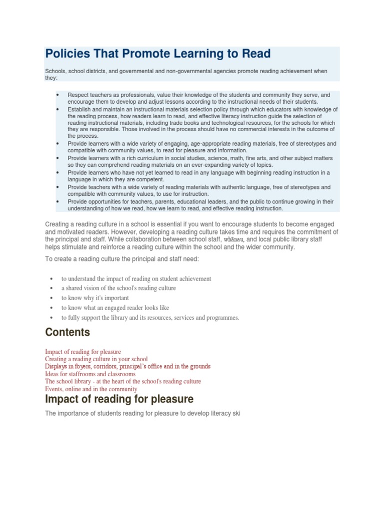 Policies That Promote Learning To Read | PDF | Teachers | Reading (Process)