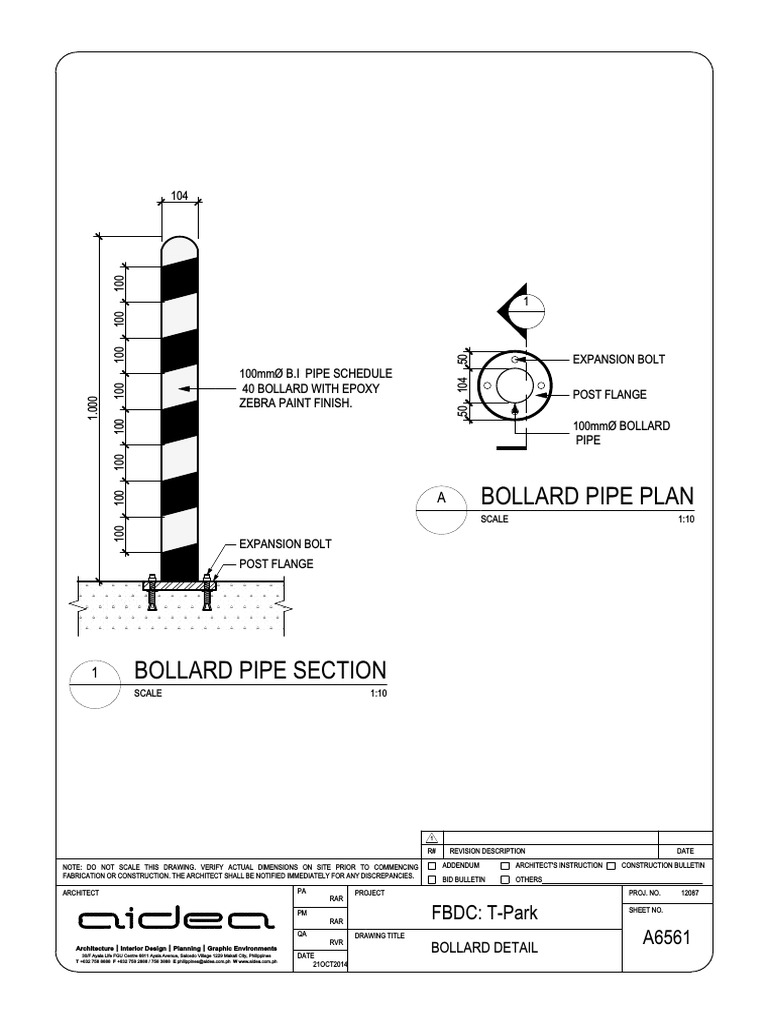 Detail drawing of a 100mm diameter bollard pipe with epoxy post flange ...