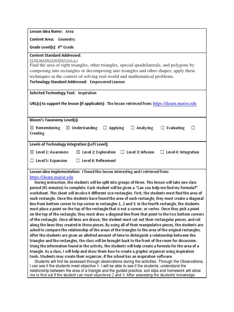 Lesson Plan Area | PDF | Rectangle | Triangle