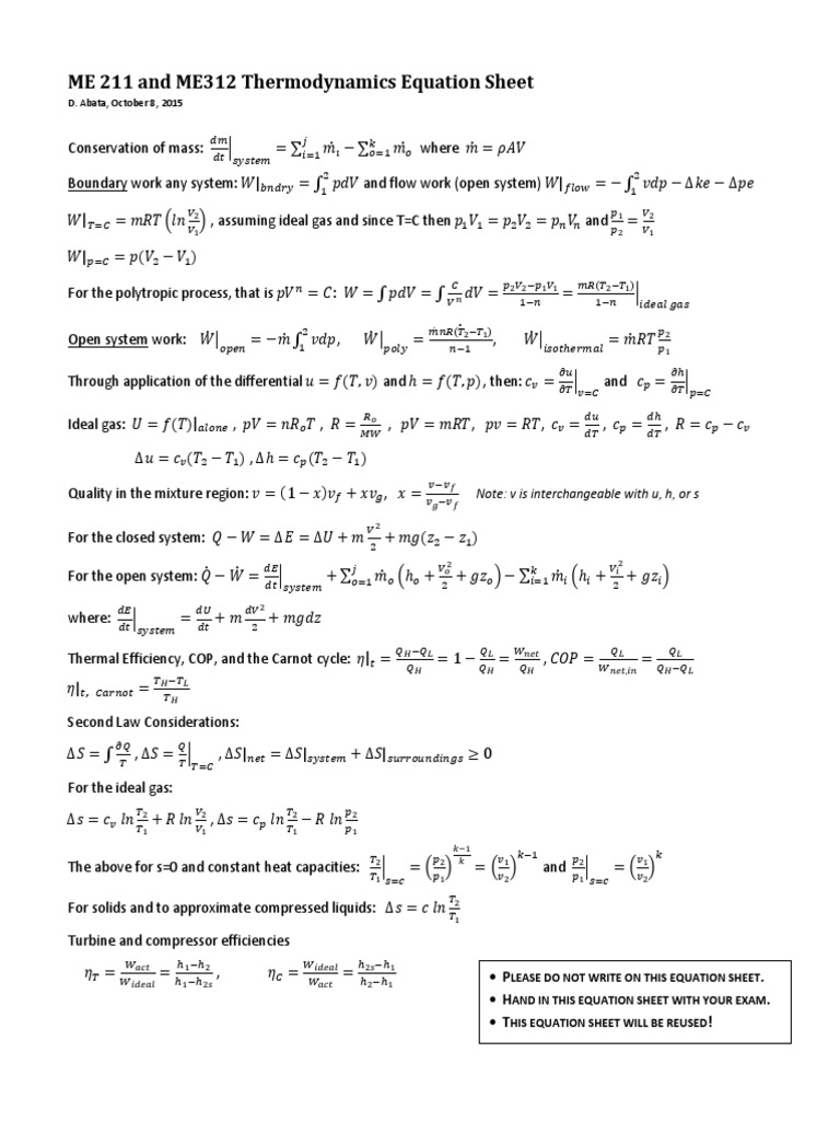 ME312 Equation Sheet | PDF | Exergy | Second Law Of Thermodynamics