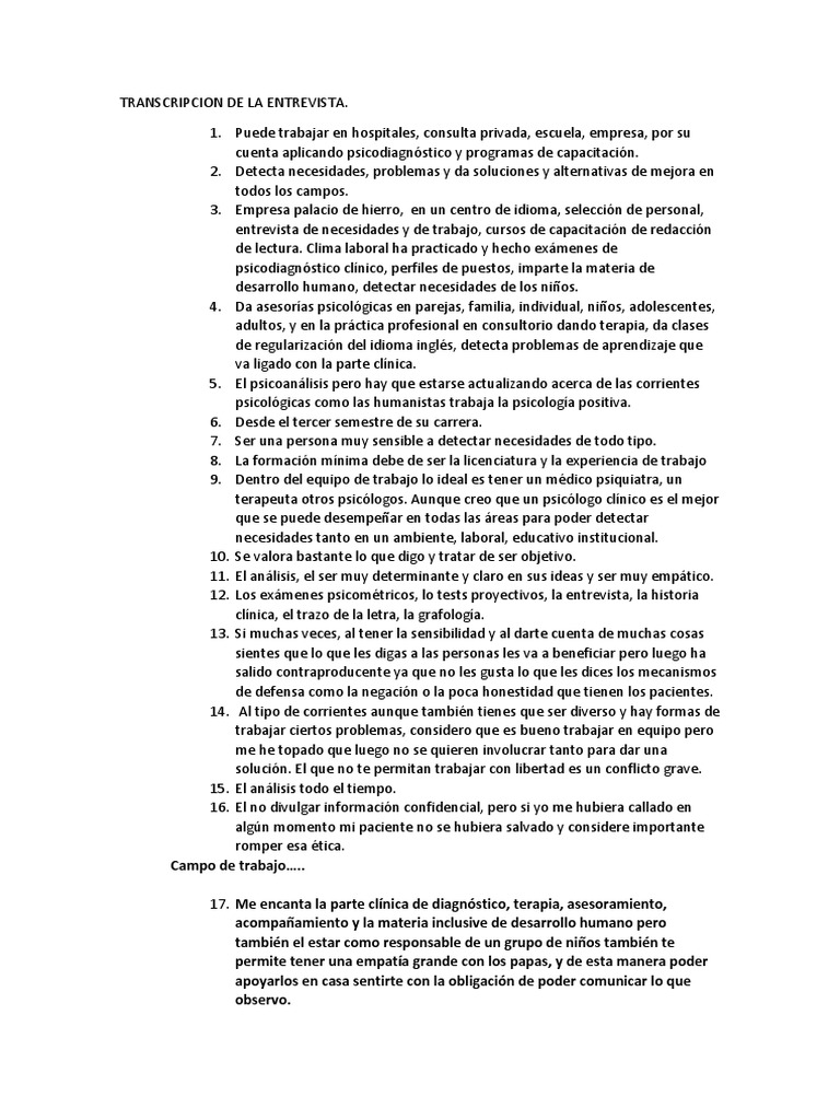 Transcripcion de La Entrevista Psicologia Clinica | PDF | Psicología ...
