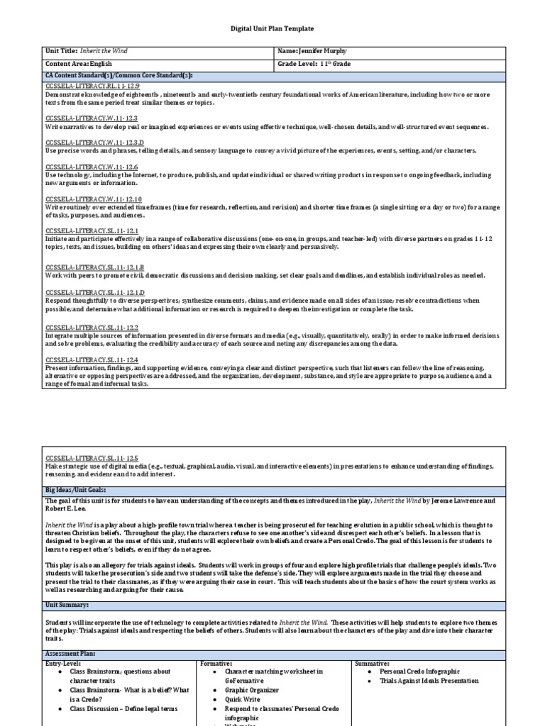 Digital Unit Plan Template Unit Title: Inherit The Wind Name: Jennifer ...