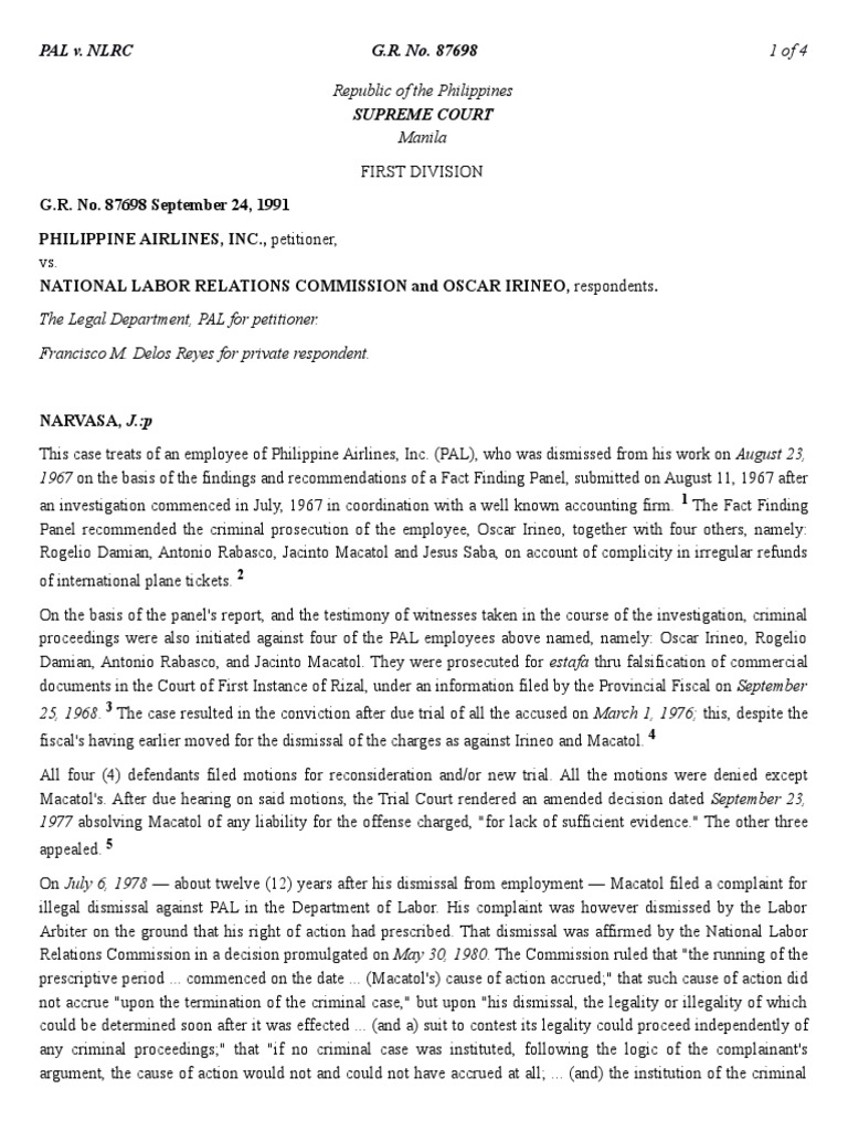 PAL vs. NLRC: Employee Dismissal Case | PDF | Arbitration | Complaint