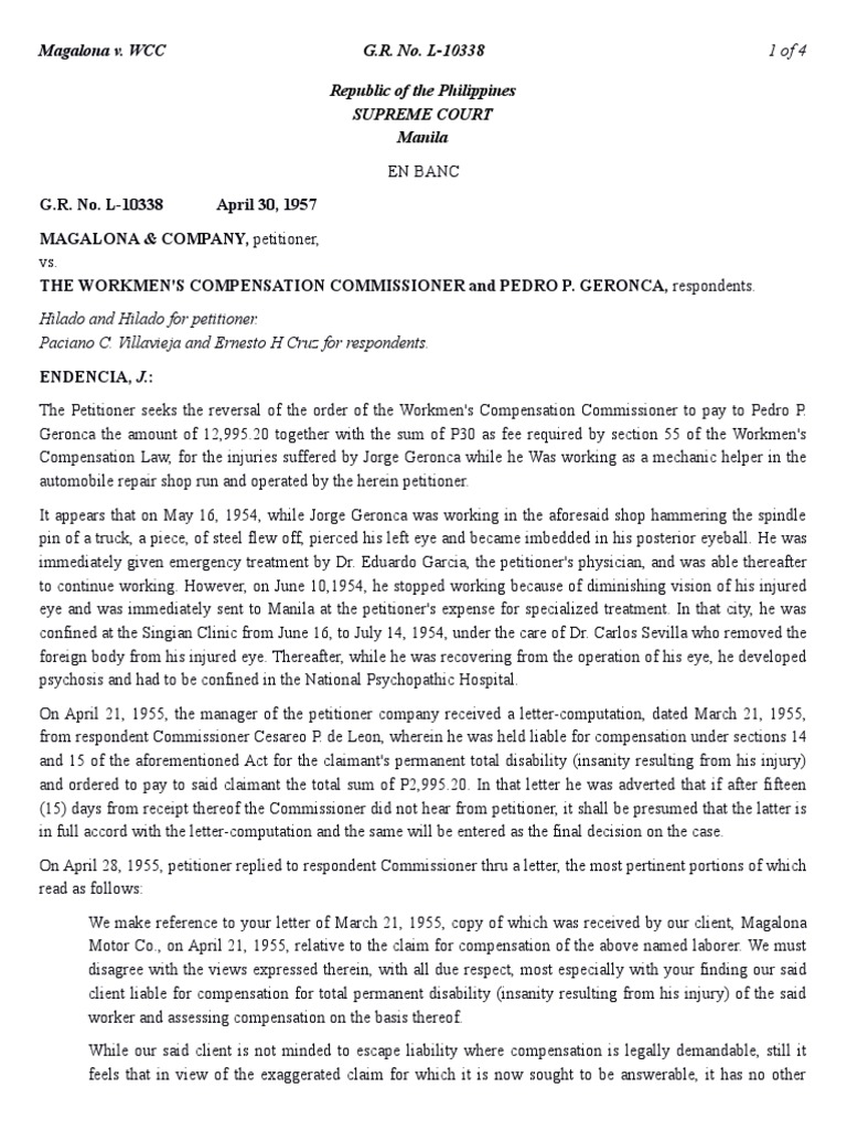 015-Magalona v. Workmen's Compensation Commission, 101 Phil. 411 | PDF ...