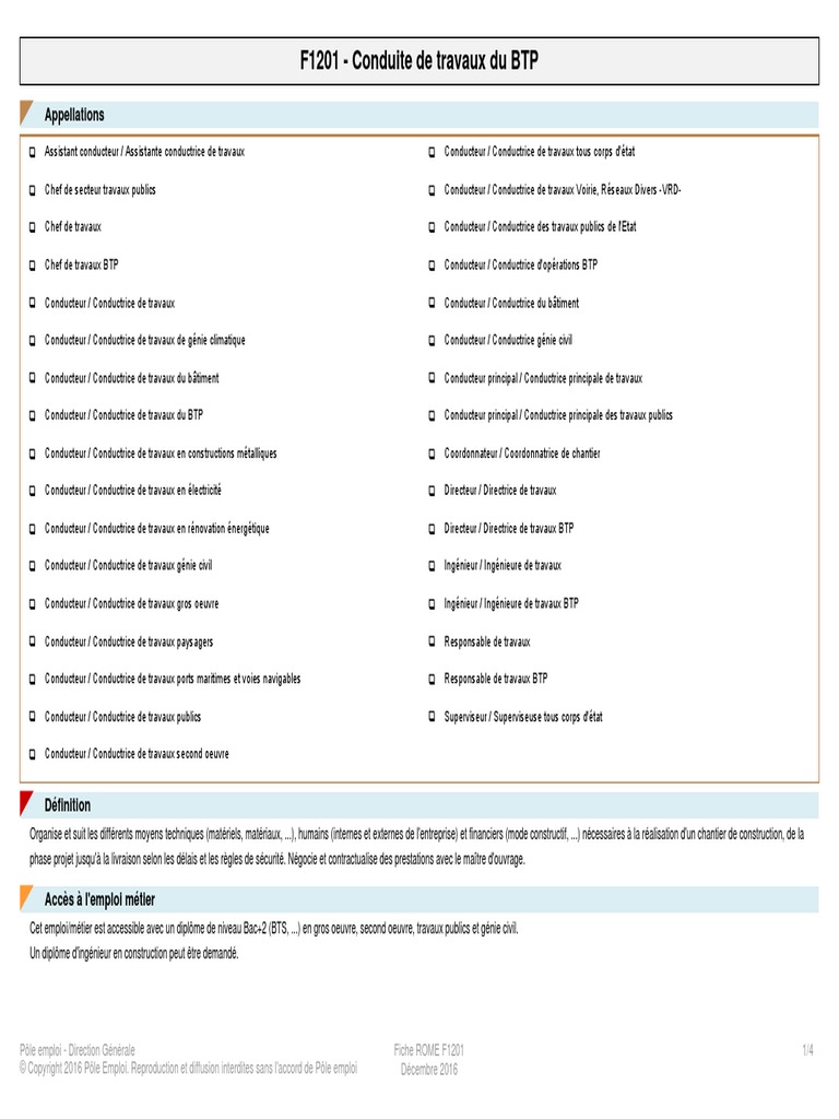 Fiche Rome - F1201 - Conduite de Travaux Du BTP | Appel d'offres | Business