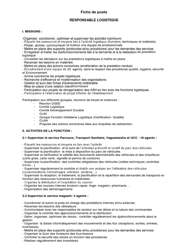 Fiche de Poste : Responsable Logistique | PDF | Logistique | Planification