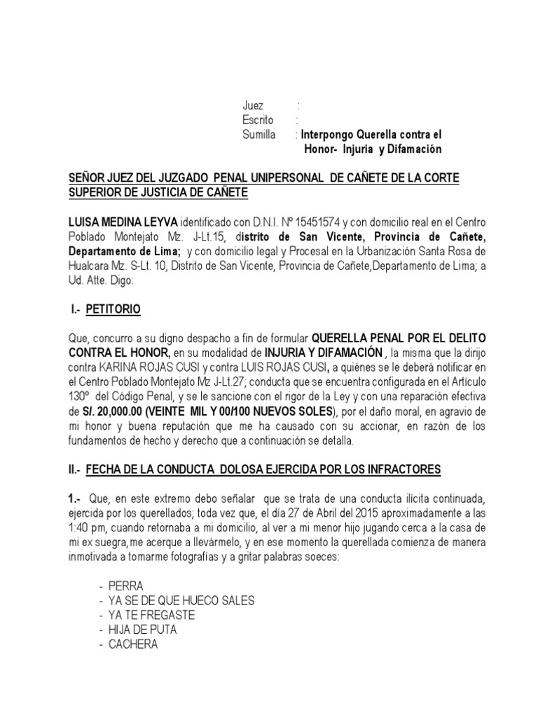 Querella Injuria | PDF | Delito | Intención (Derecho Penal)