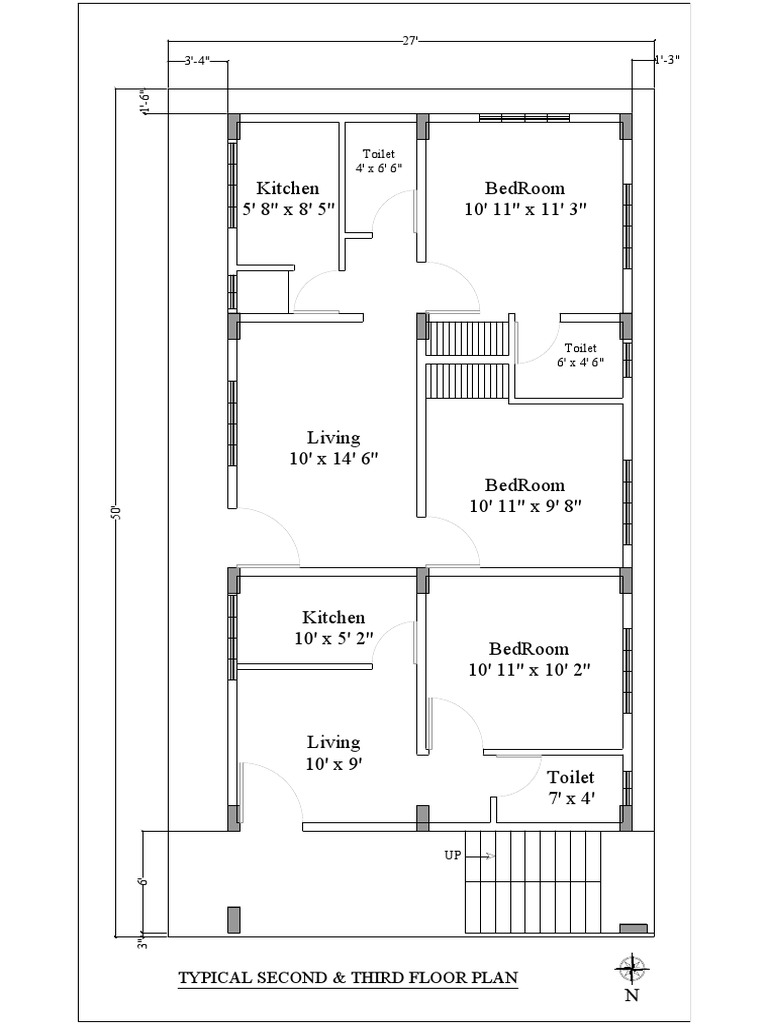Bedroom 10' 11" X 11' 3" Kitchen 5' 8" X 8' 5": Typical Second & Third Floor Plan | PDF