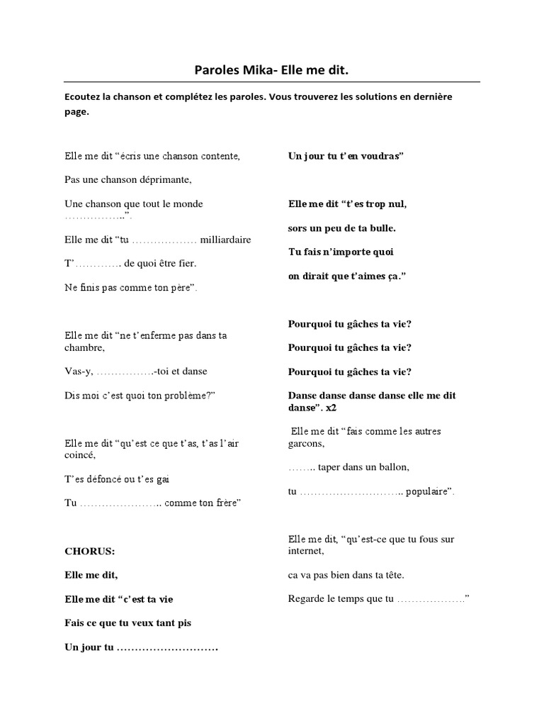 Paroles de "Elle me dit" de Mika | PDF | Échecs | Jeux et activités