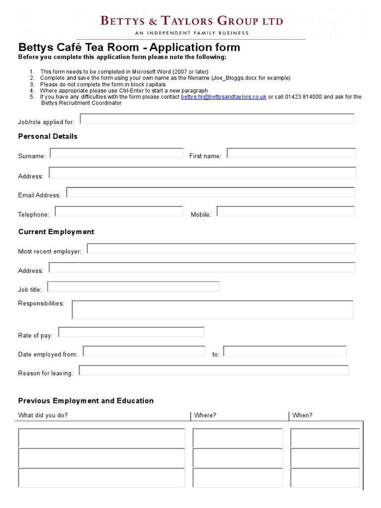 Bettys Café Job Application Form | PDF | Government Information | Government