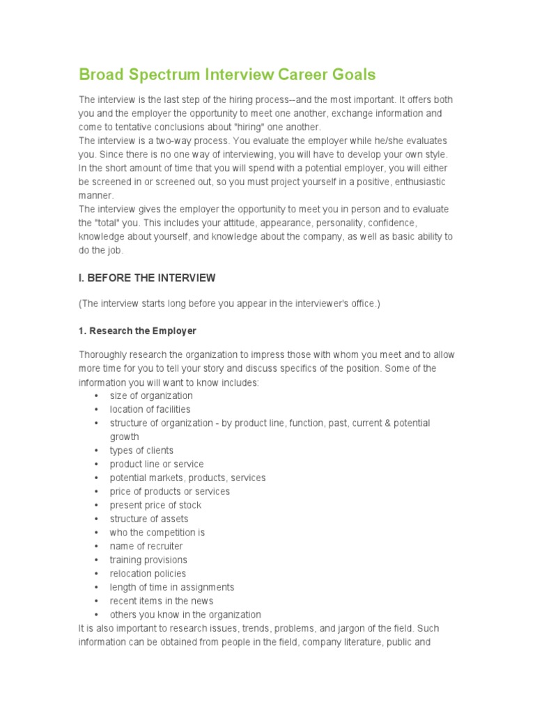 Broad Spectrum Interview Career Goals | PDF | Nonverbal Communication ...