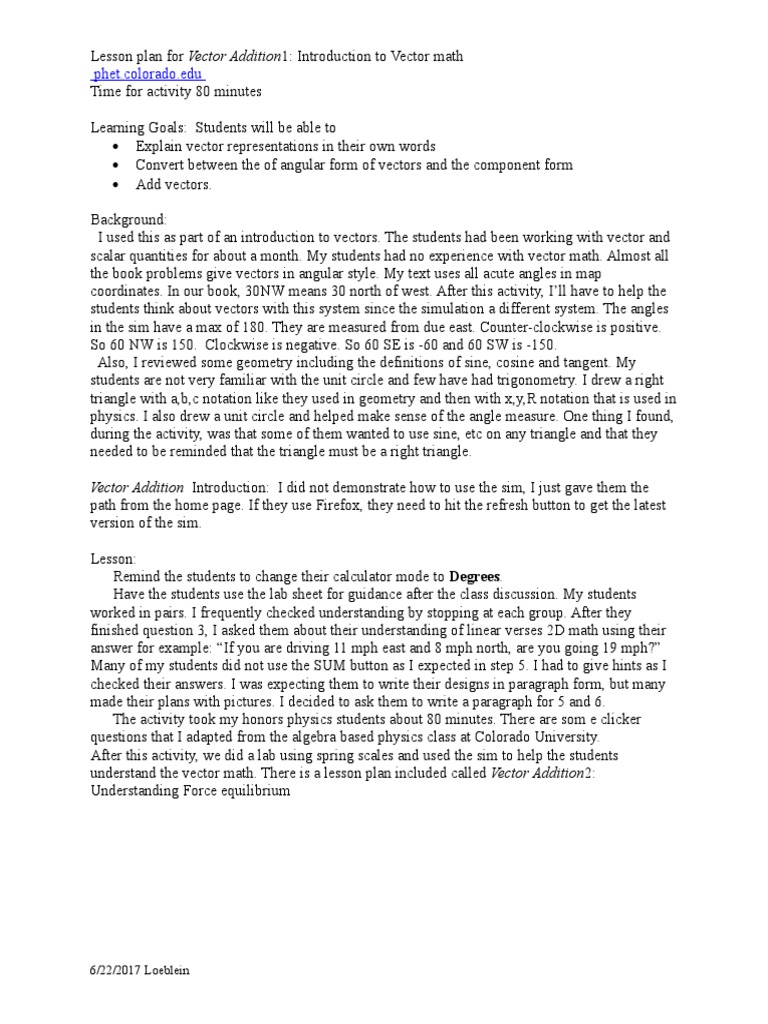 Lesson Plan For Introduction To Vector Math | PDF | Euclidean Vector ...