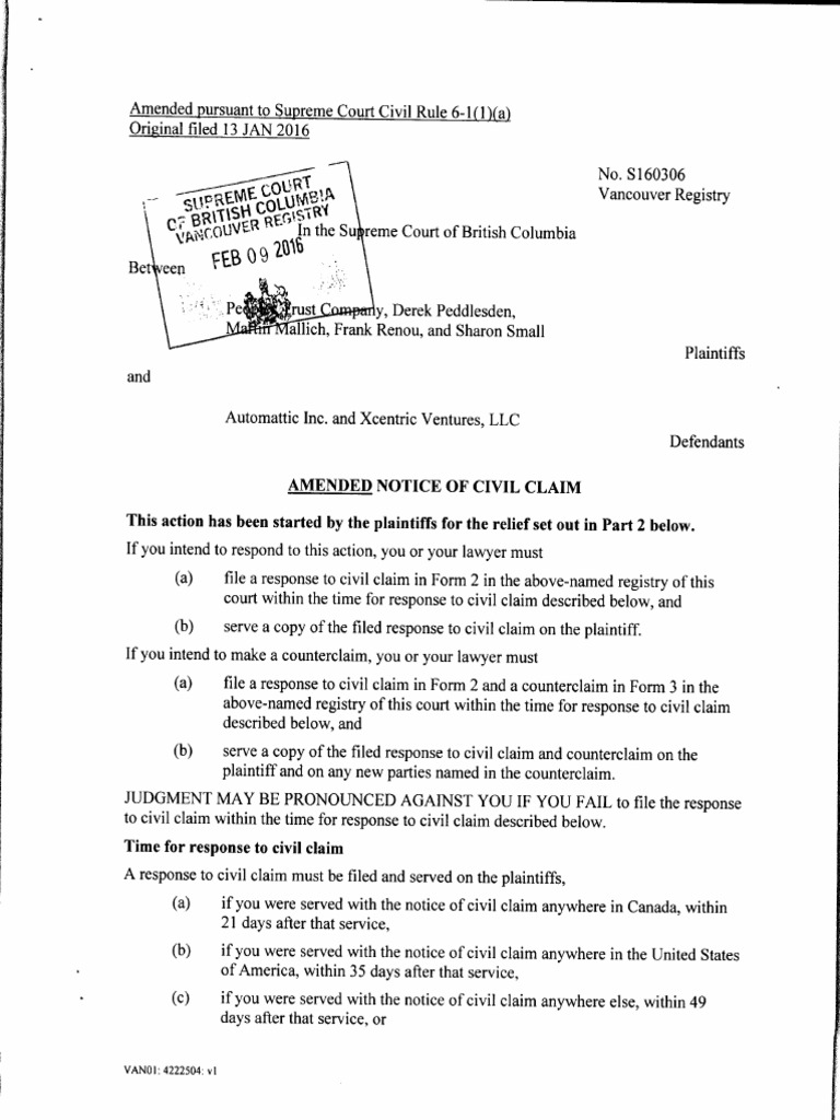 Amended Notice of Civil Claim Peoples Trust Company and Derek ...